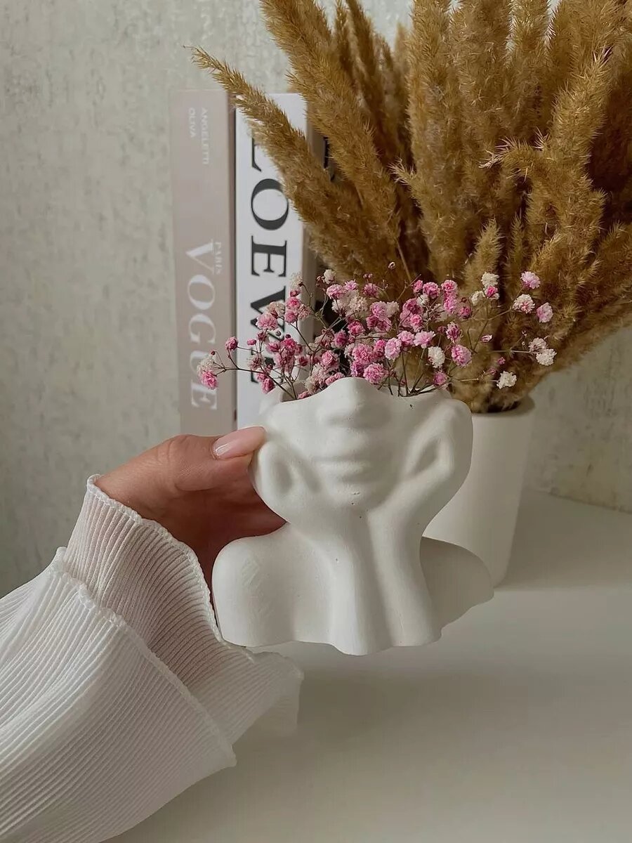 Кашпо Nikilem_Decor Мечтательница, гипс, сухоцветы, белое, настольное, 1 шт