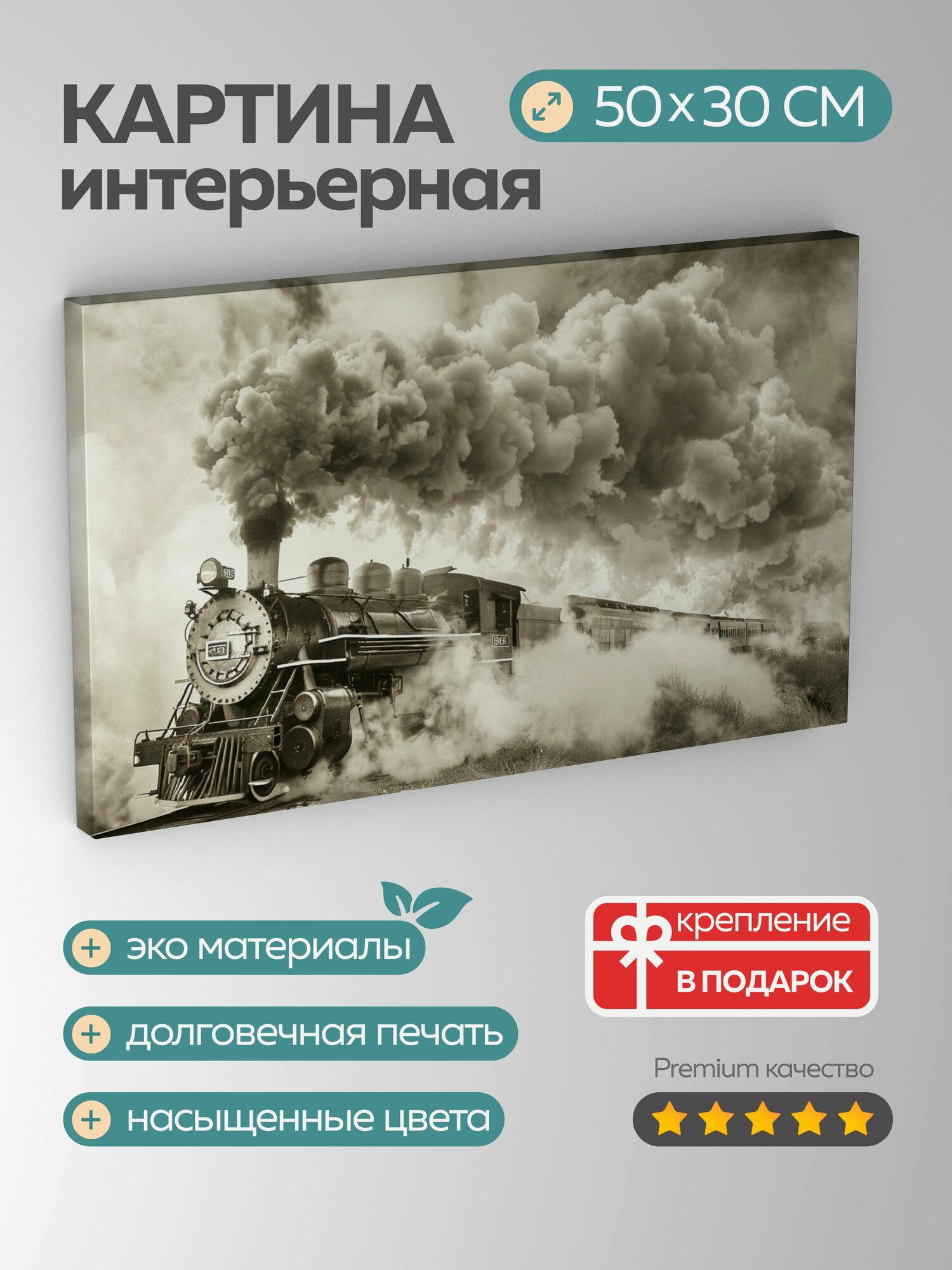 Картина на холсте интерьерная 50х30 см, паровоз, железнодорожные пути, черно-белая фотография, низкий ракурс, размеры