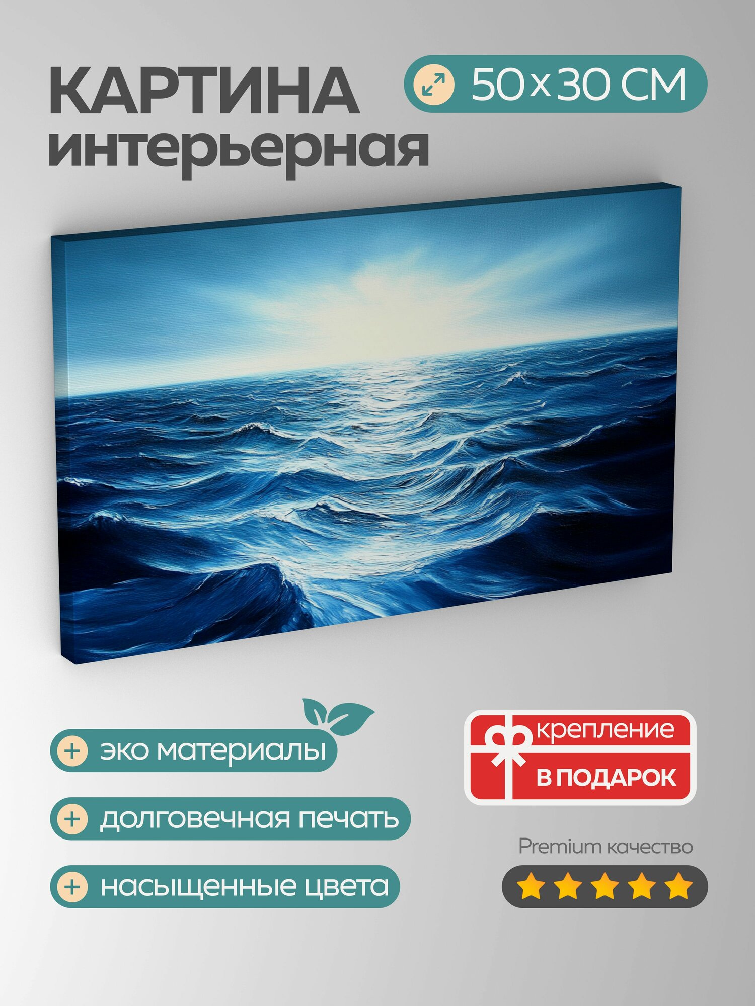 Картина на холсте интерьерная 50х30 см, картина, масло, океан, глубокие оттенки, волшебная игра света, волны, удивление