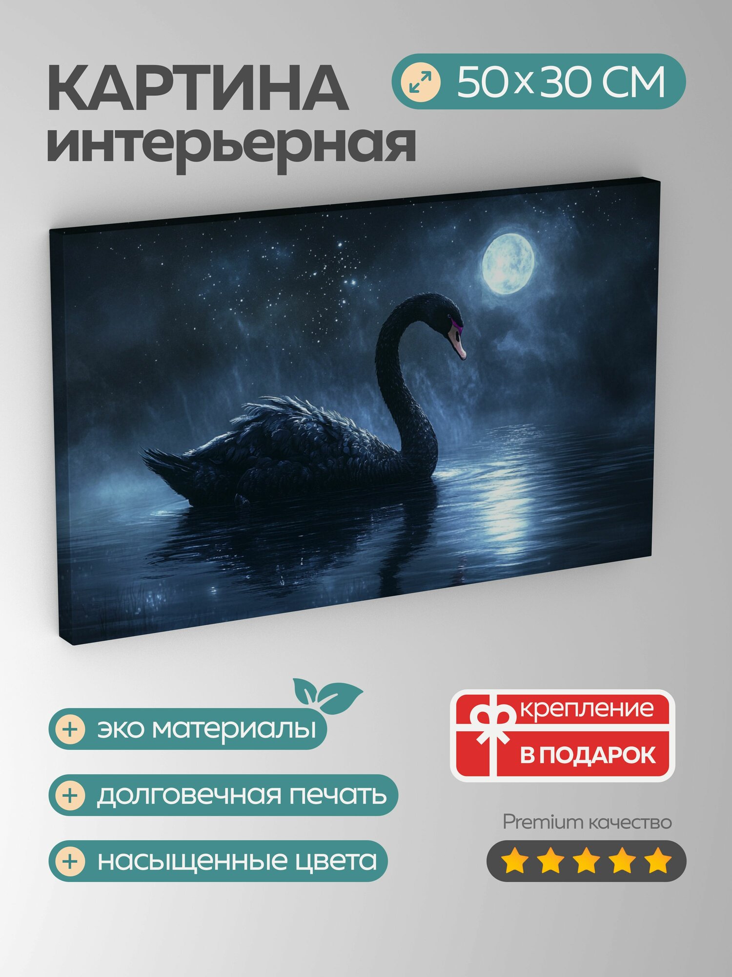 Картина на холсте интерьерная 50х30 см, Черный лебедь, лунный свет, озеро, звездный свет, мелодия, атмосфера, цвета