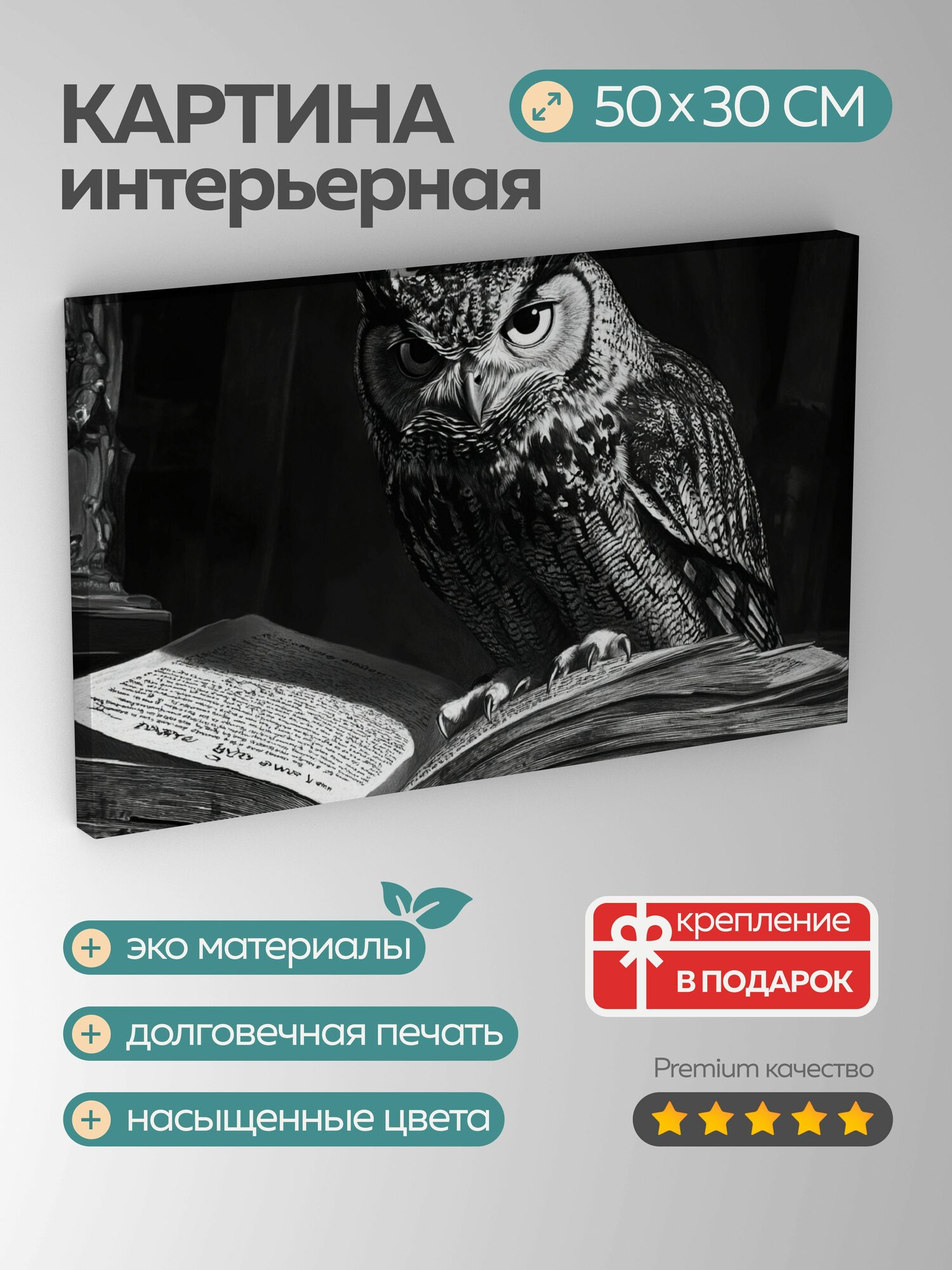 Картина на холсте интерьерная 50х30 см, сова, уголь, путеводитель, мудрость, загадочность, ночные создания, рисунок
