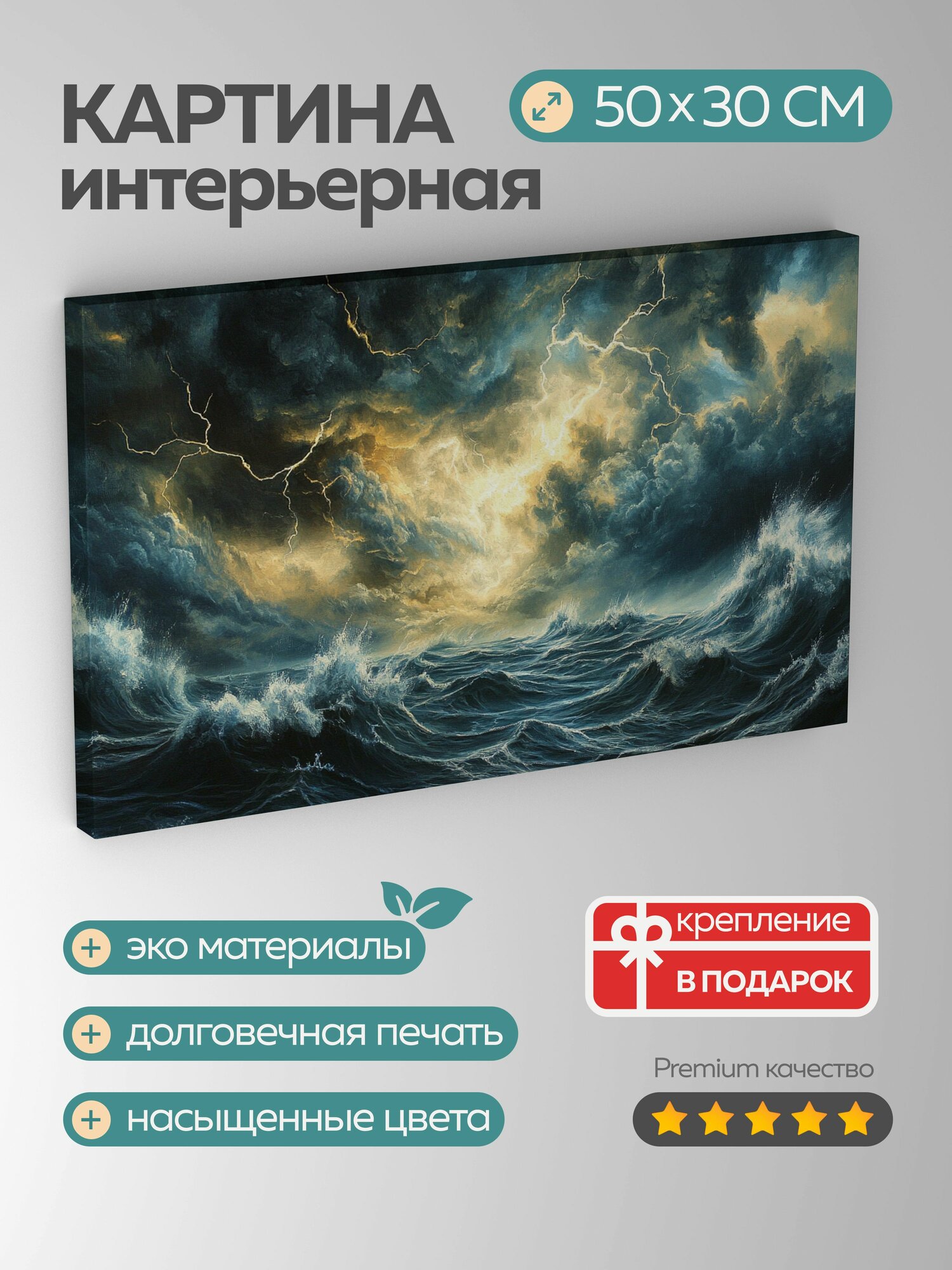 Картина на холсте интерьерная 50х30 см, гроза, океан, волны, облака, молнии, акрил, энергия, природа, мощь