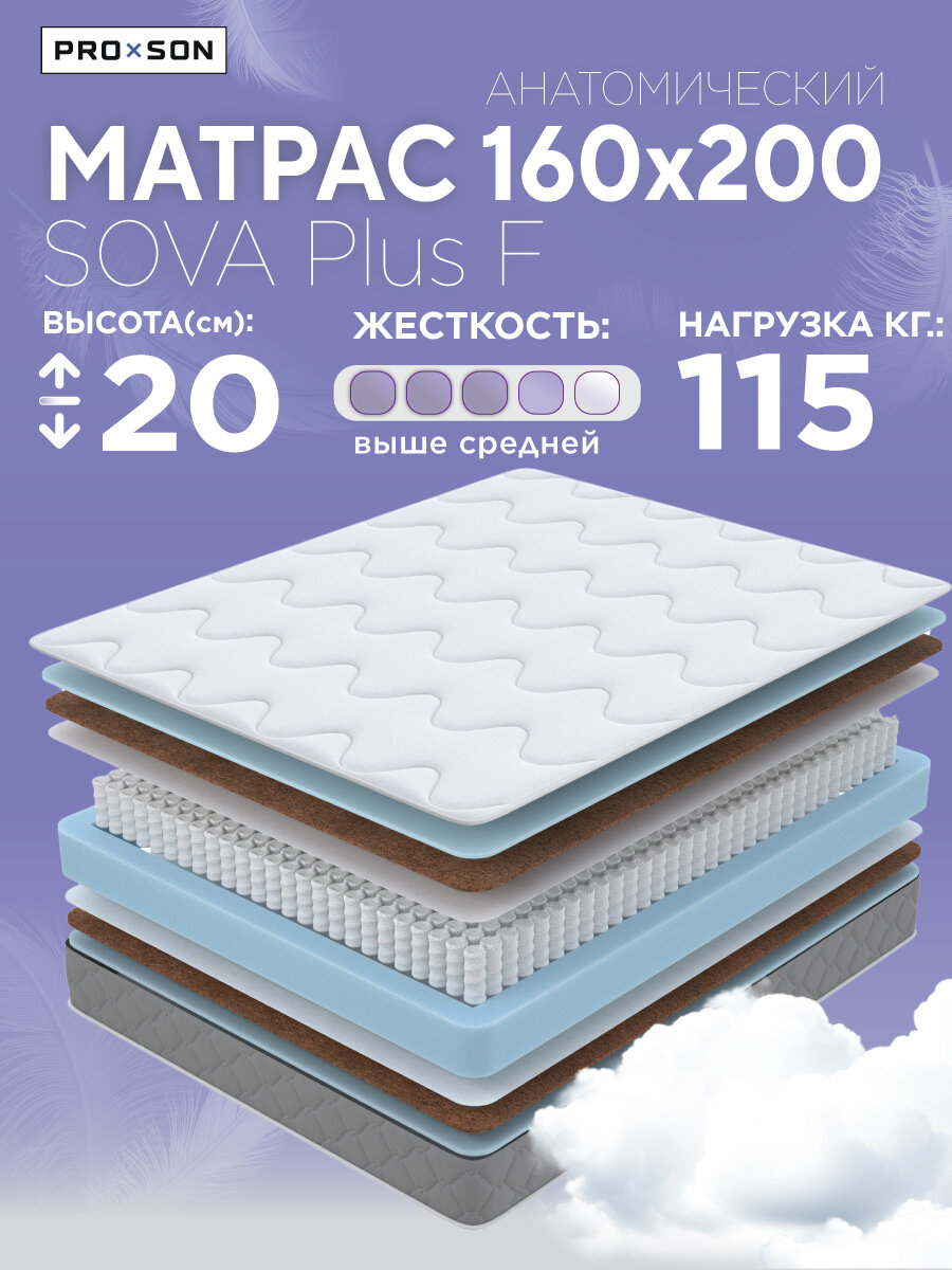 Матрас 160х200 ортопедический пружинный SOVA Plus F высота 20 см