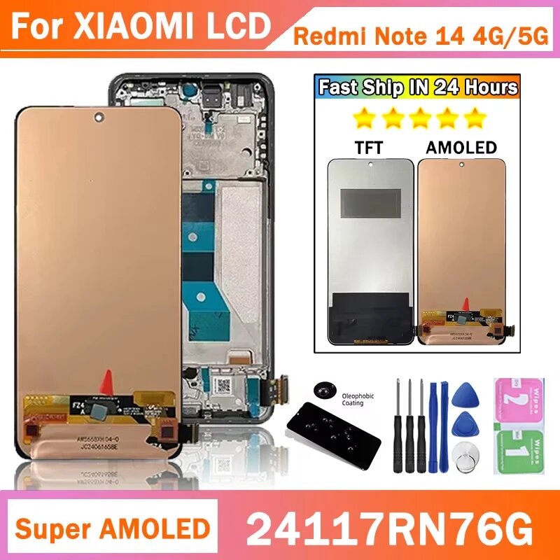 6,67 "протеванный дисплей Note14 для Xiaomi Redmi Note 14 4G/5G 24117RN76G 24094RAD4G ЖК-дисплей с цифровым преобразователем сенсорного экрана в сборе 4G AMOLED small LCD