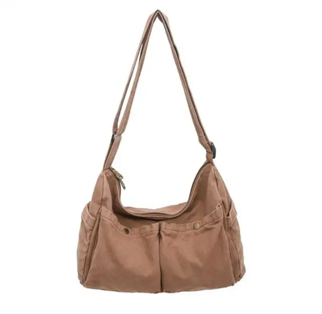 Сумка бочонок  Сумка-котомка через плечо простая холщовая мужская| женская для города коричневый много карманов