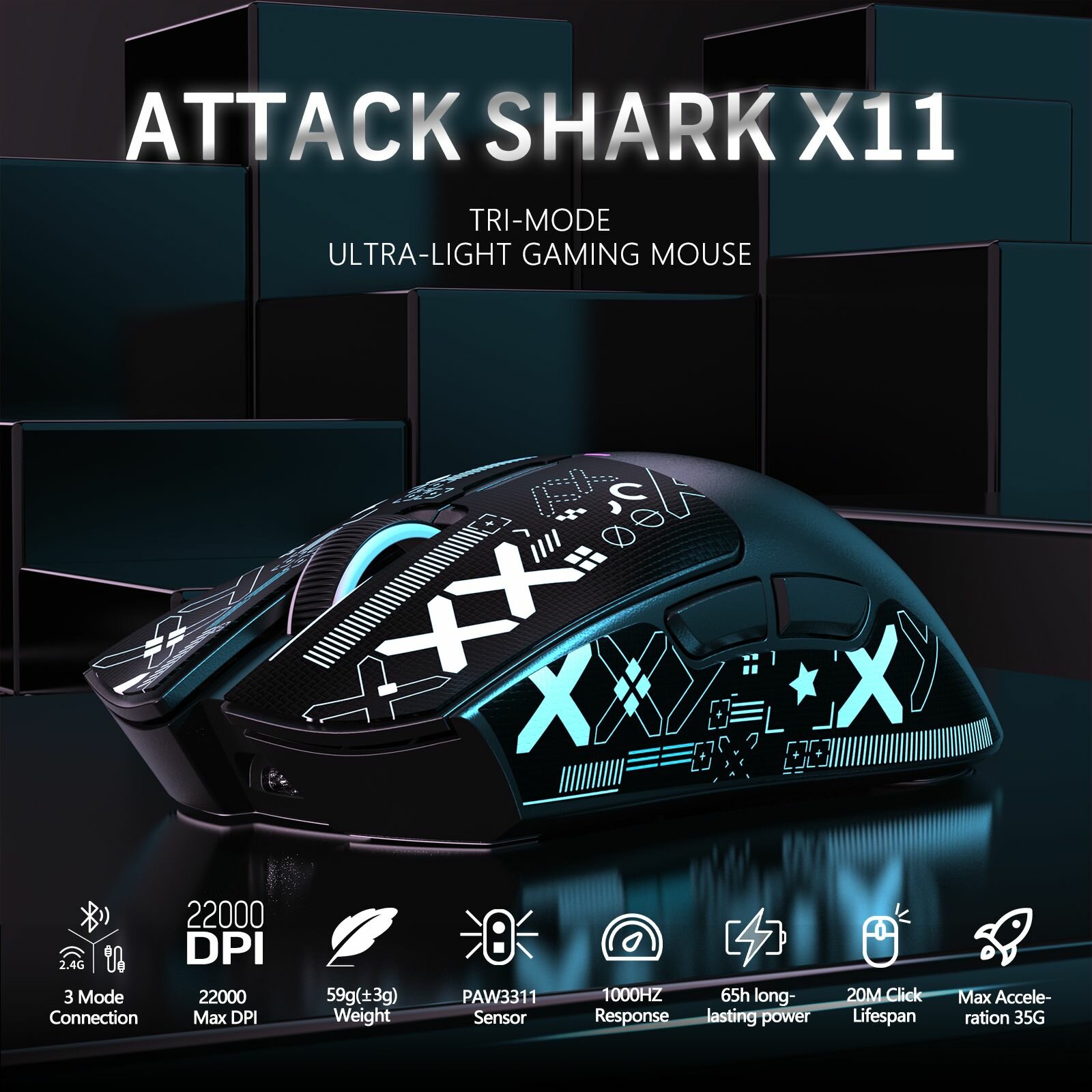 ATTACK SHARK X11 Беспроводная игровая мышь с магнитной зарядной док-станцией RGB, датчиком PixArt PAW3311, легким трехрежимным подключением (59 г), проводным/2,4G/BT, разрешением до 22000 точек на дюйм