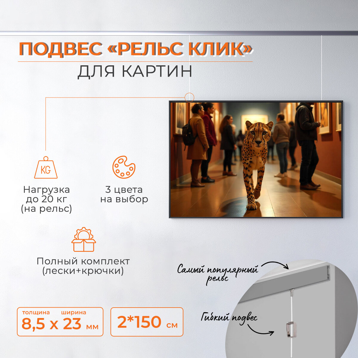 Настенная подвесная система Рельс Клик для подвеса картин, фотографий, рисунков 300 см (150+150) CLICK300G