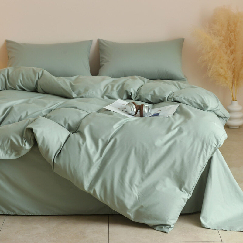 Новый однотонный простой комплект постельного белья из четырех частей из чистого хлопка, комплект из трех частей, двуспальная простыня, пододеяльник, хлопковый домашний текстиль Nantong Bean green 0,9, комплект простыней из трех частей-пододеяльник 150*200