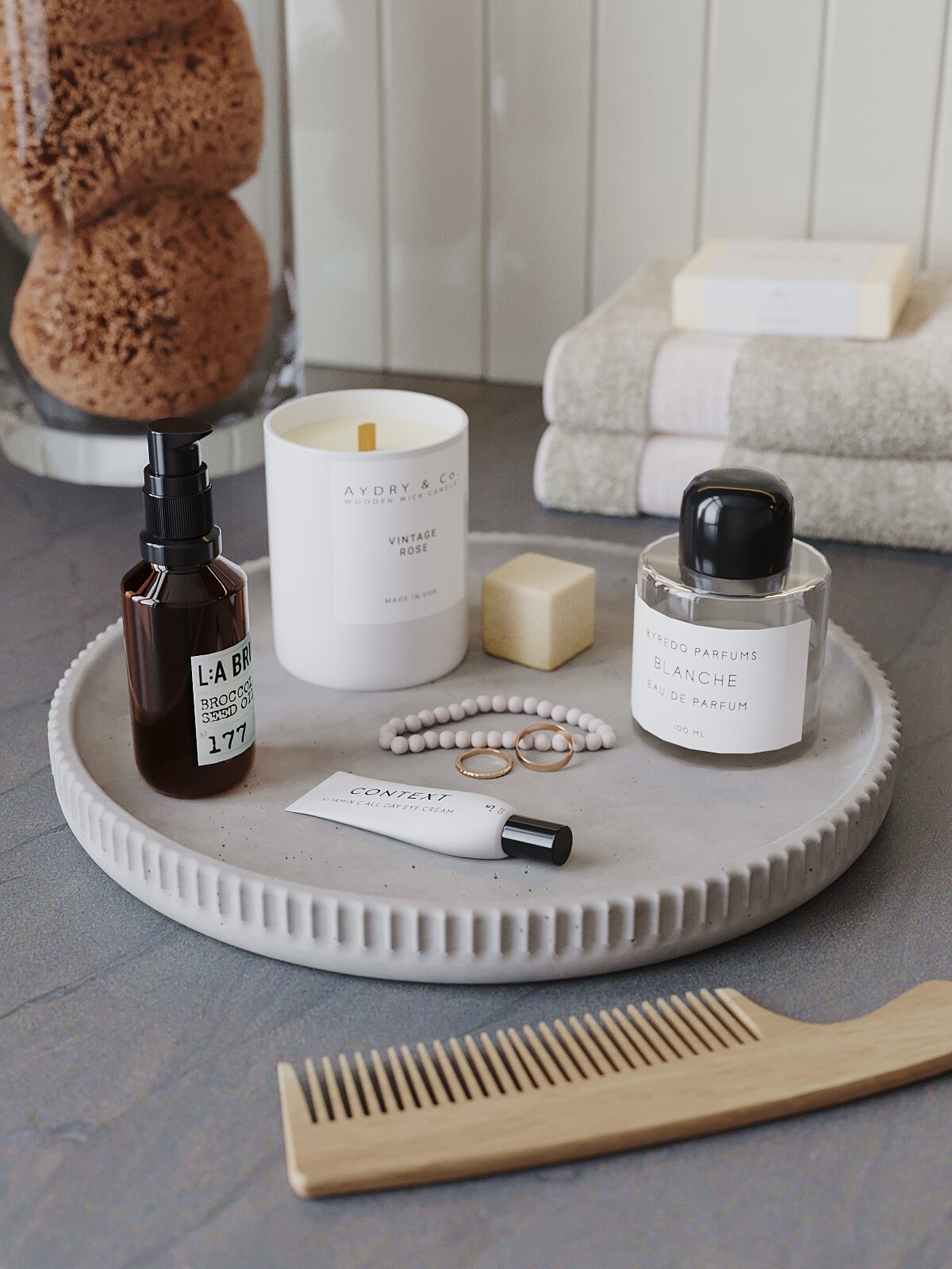 Декоративный поднос, подставка в ванную, органайзер для косметики и мелочей Chloe L, 26x26 см, бетон, серый матовый