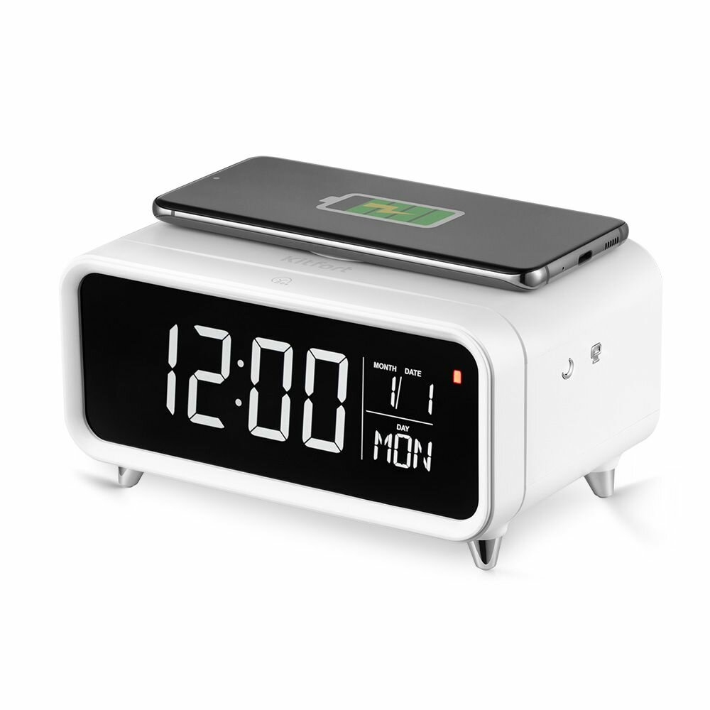 Настольные часы Kitfort KT - 3308 белого цвета со встроенным будильником, лампой и 10 - ваттной беспроводной зарядкой
