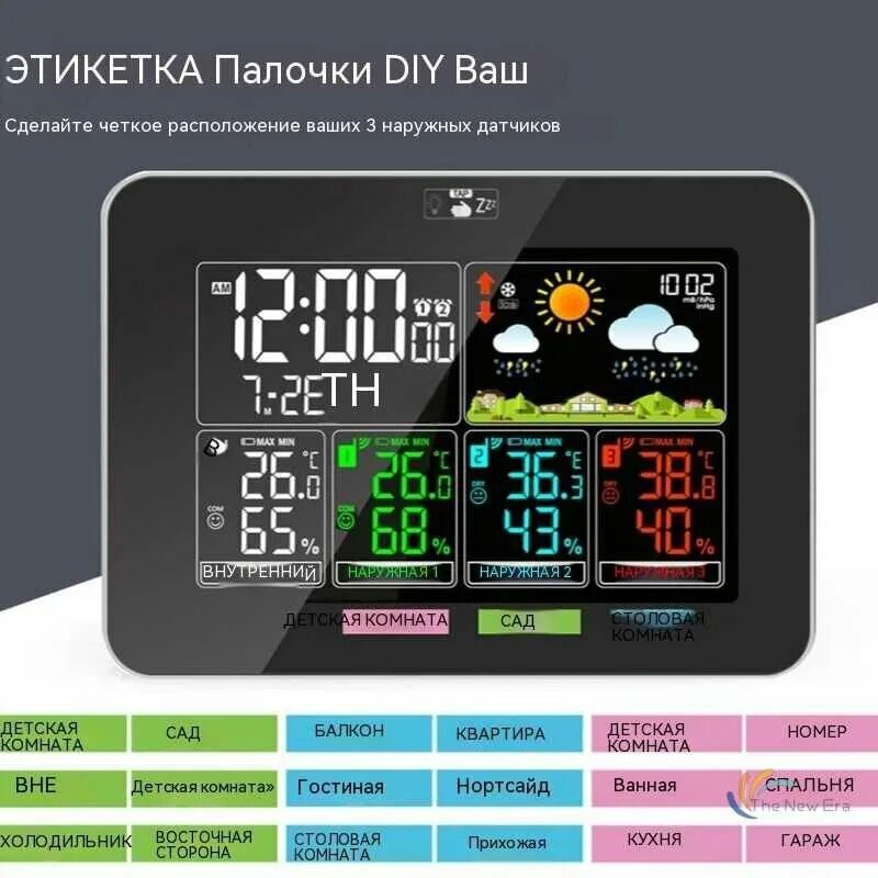 Многозонная метеостанция, беспроводное подключение, 3 датчика, настенное крепление