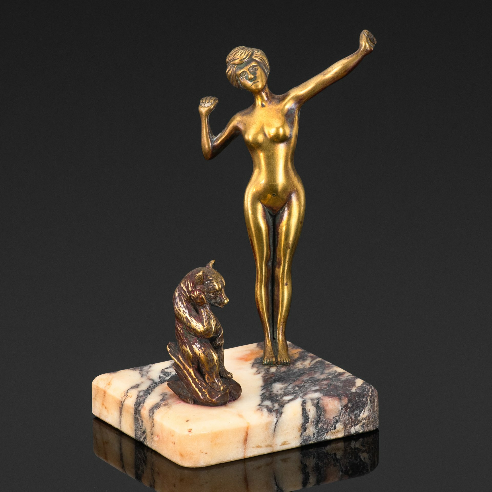 Скульптурная композиция (статуэтка) "Обнаженная девушка и медвель", латунь
