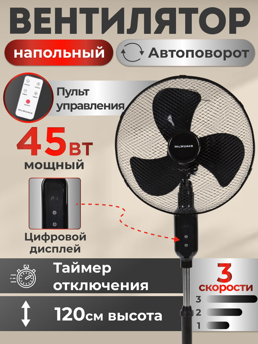 Вентилятор MilWorks напольный с пультом управления, 3 режима скорости, 120см. 45 Вт. Цифровой дисплей. Мощный. Черный