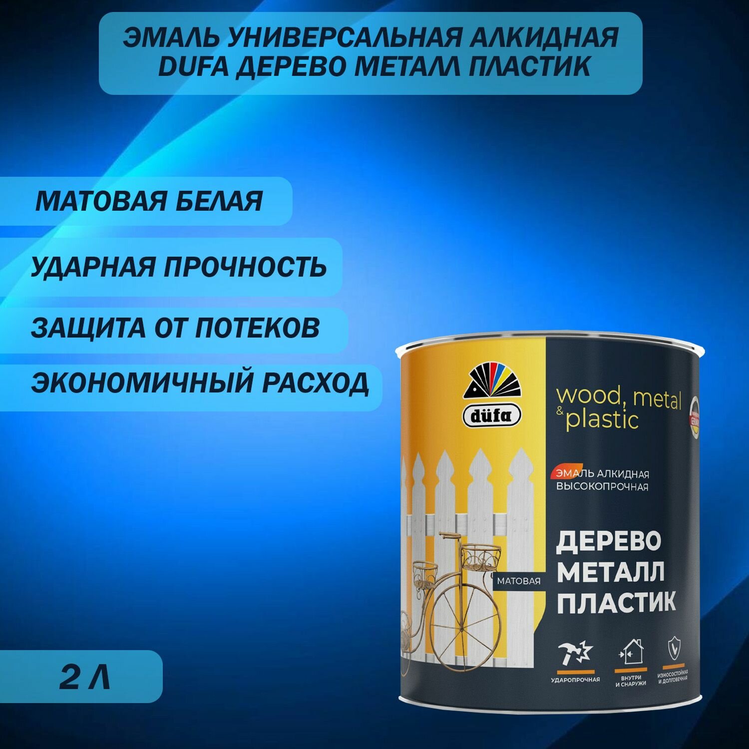 Эмаль универсальная алкидная Dufa Дерево металл пластик матовая белая 2 л