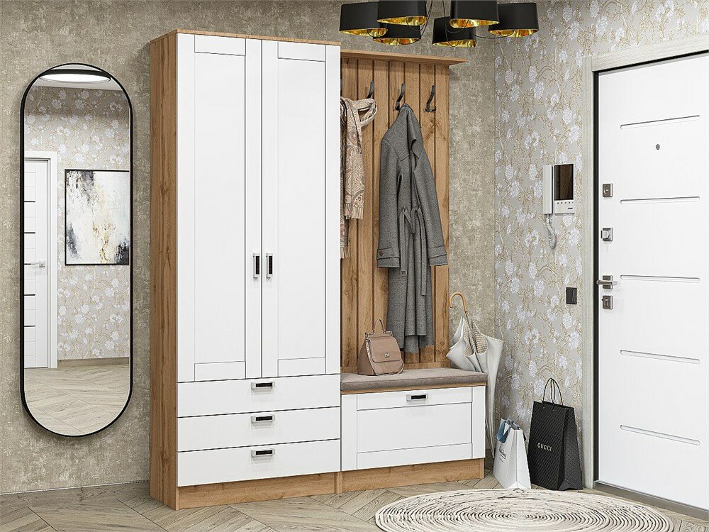 VVT Прихожая Стиль-03, каркас ЛДСП Дуб Вотан, фасад МДФ Super White, 2110*1600*380 Super White