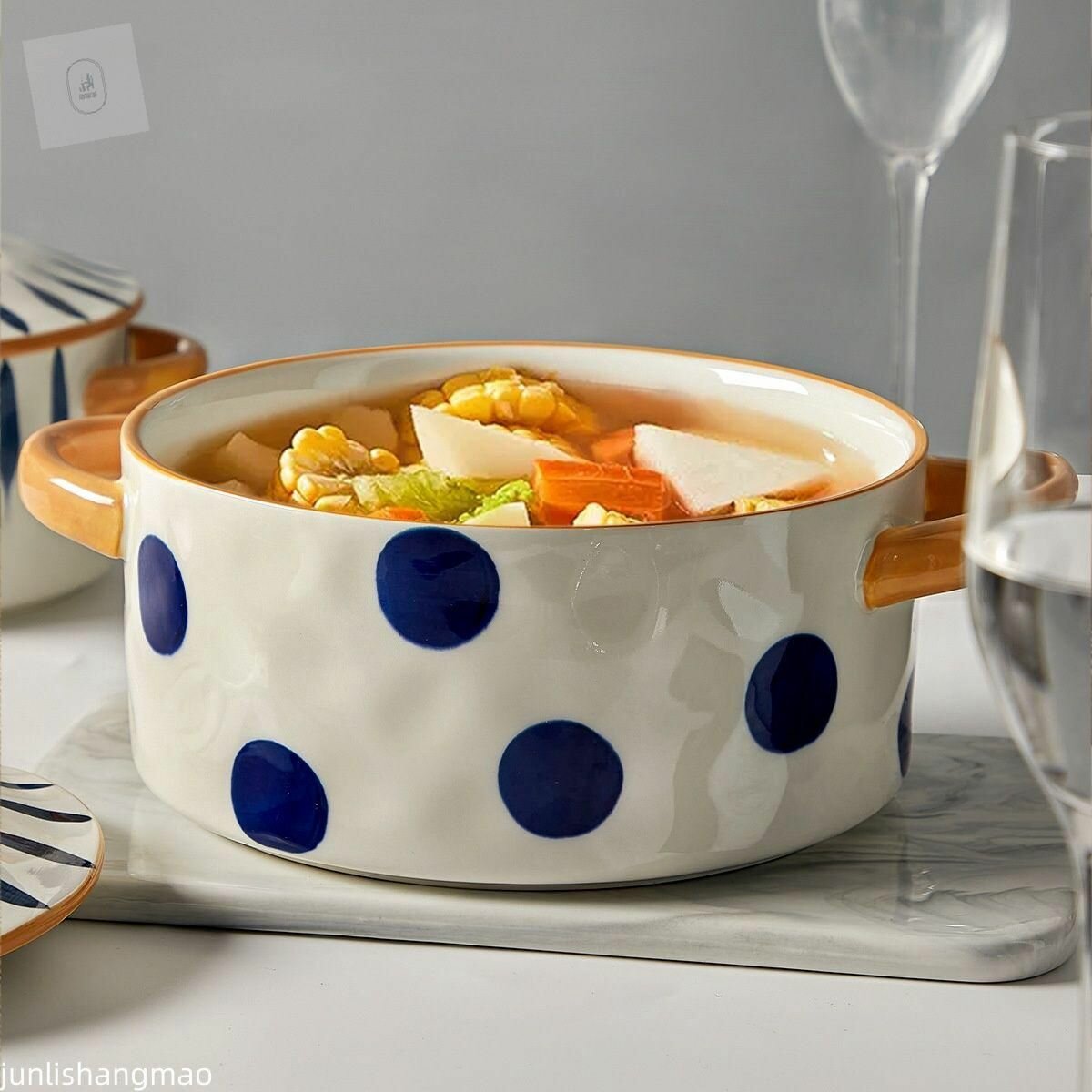 Салатник большой, салатница с ручками в горошек 1800 млОн легко моется в посудомоечной машине,