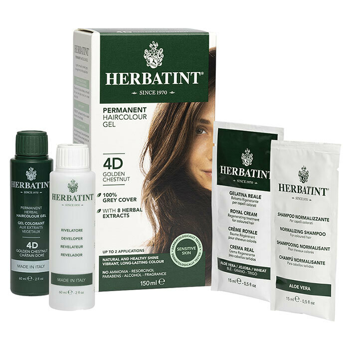 Гель-краска для волос без аммиака с экстрактами натуральных растений тон 4D золотистый каштан HERBATINT, 150 мл