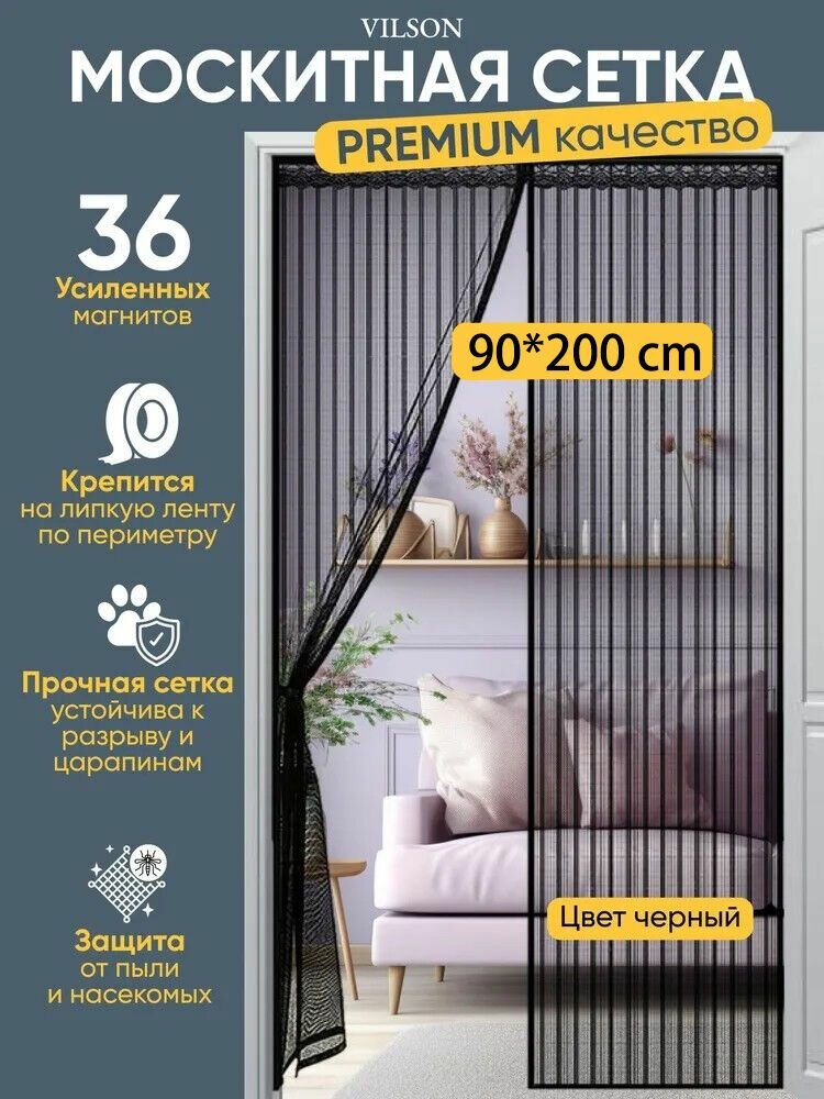 Москитная сетка на дверь на магнитах, Антимоскитная сетка на липучке,90х200см.