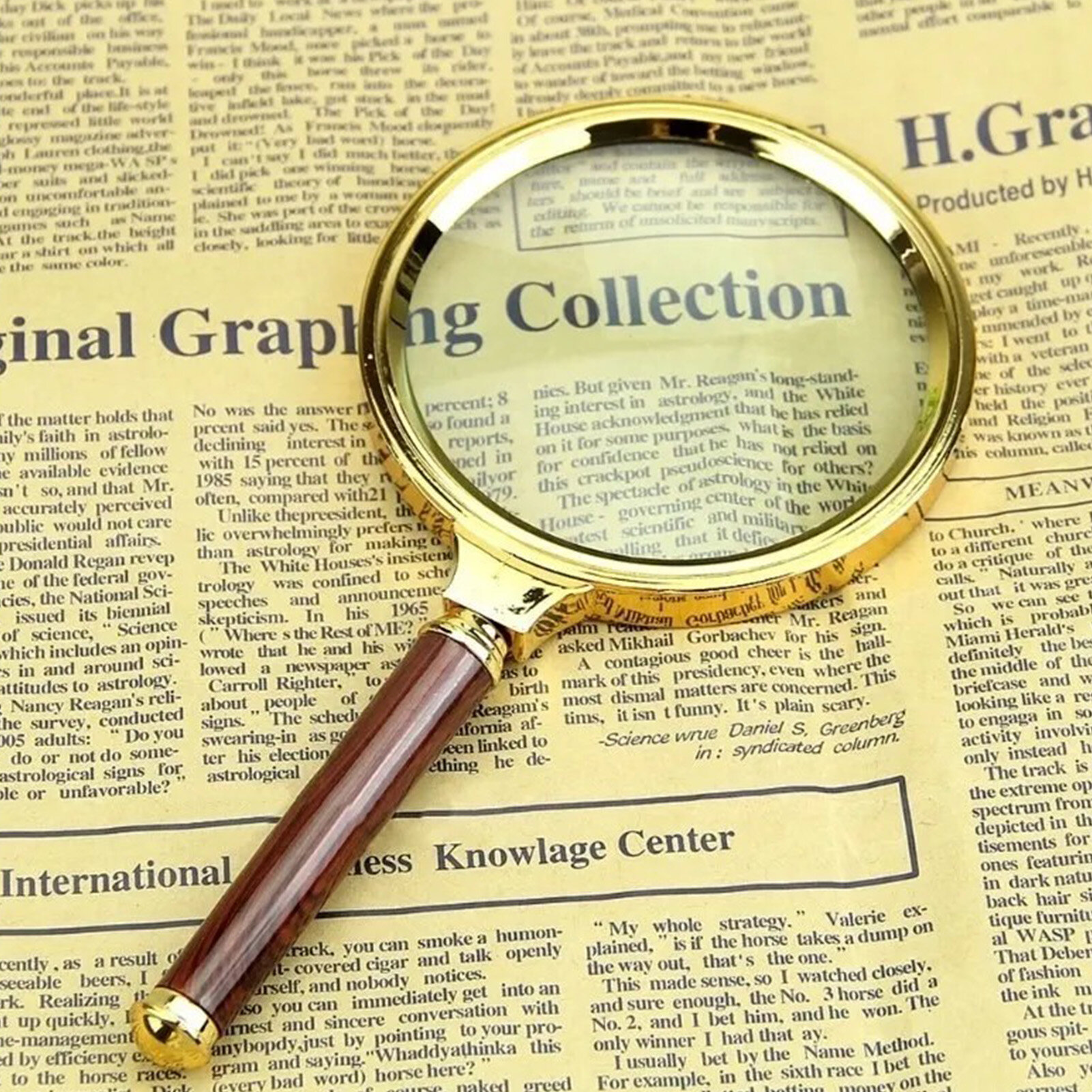 Деревянная ручная лупа с цинковой рамкой 10-кратного увеличения 155x70x15 мм