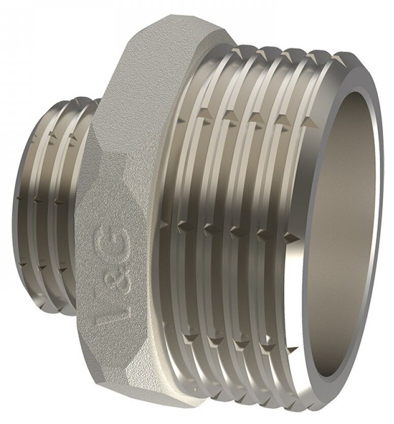 Ниппель V&G / В&Г переходной, наружный, из никелированной латуни, резьба 3/4 и 1/2дюйма / фитинги