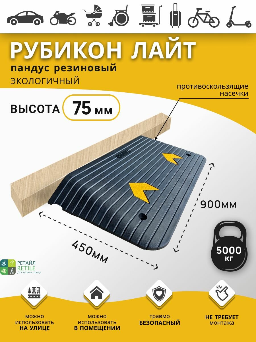Пандус резиновый пороговый Рубикон лайт, высота 75 мм (75х900х450 мм)