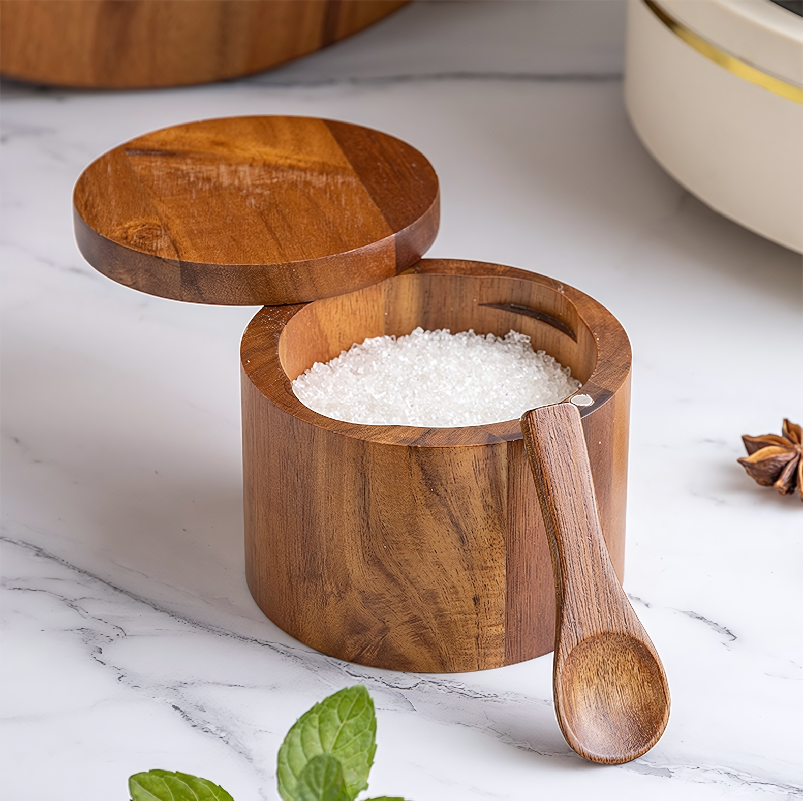 Банка для соли с ложкой "Акация", один ярус, одна секция, дерево, 9 х 7 см