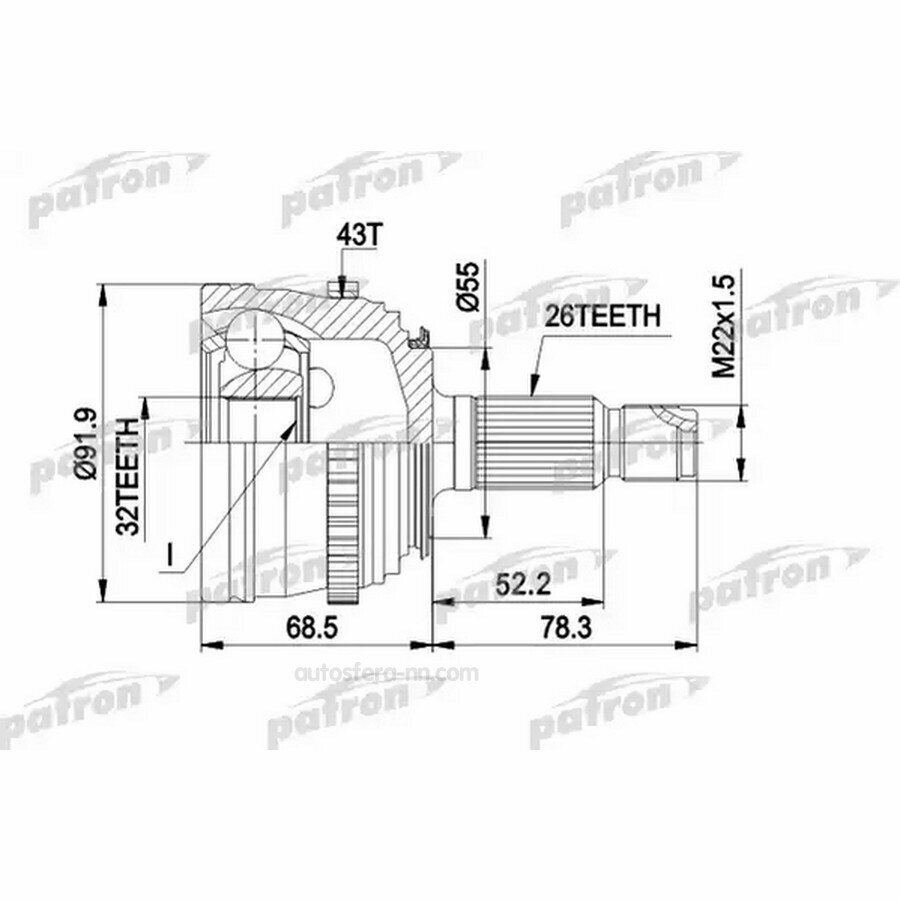 PATRON PCV1399 ШРУС наружн к-кт 26x55x32 ABS 43T ROVER 400 2.0D 2.0Di 2.0Si 95-00, 45 2.0iDT 2.0 V6 00-, HONDA Ci