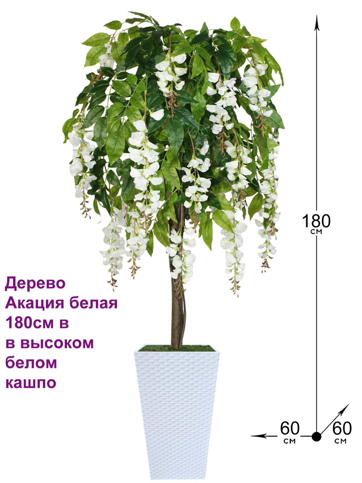 Искусственное дерево Акация белая 180см в высоком белом кашпо 51см от ФитоПарк, искусственные растения для декора