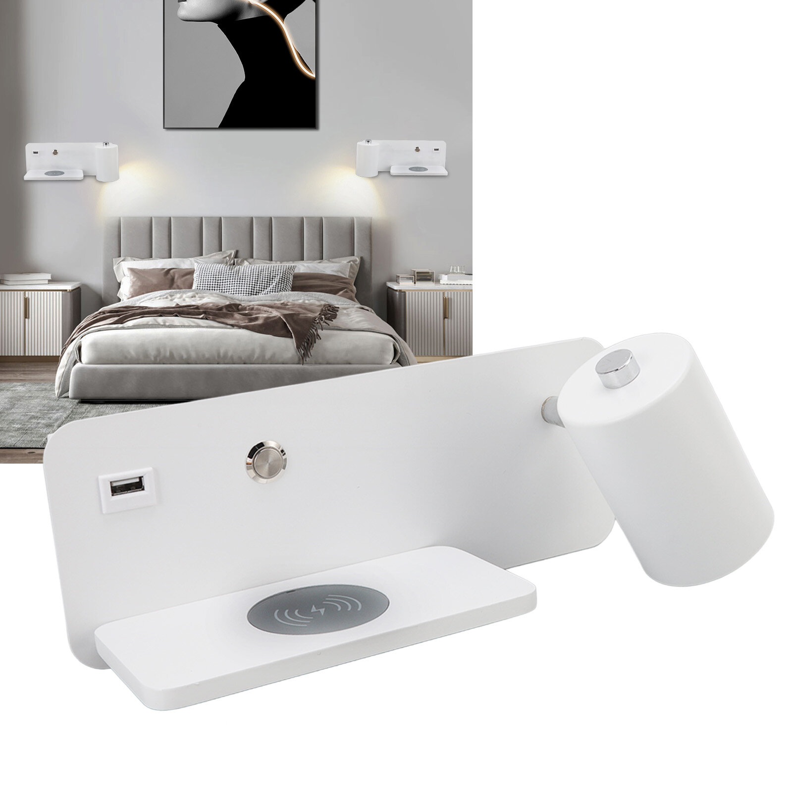 Светодиодный настенный светильник USB-интерфейс с беспроводной зарядкой Светодиодный настенный светильник для гостиной Спальня 85‑265 В Белый Правый