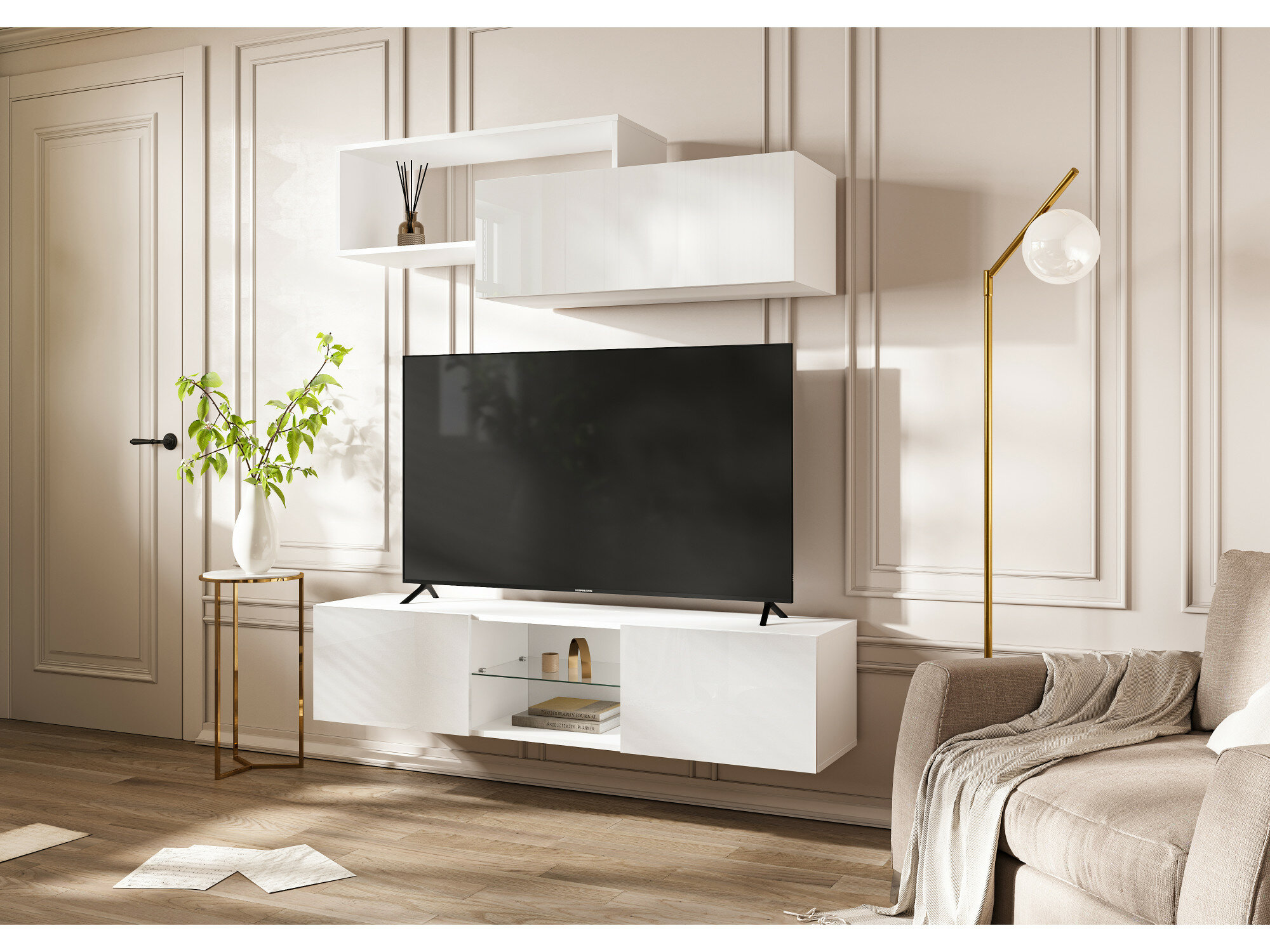 Модульная Гостиная, вариант №1, современная, из ЛДСП, Белый глянец/Белый