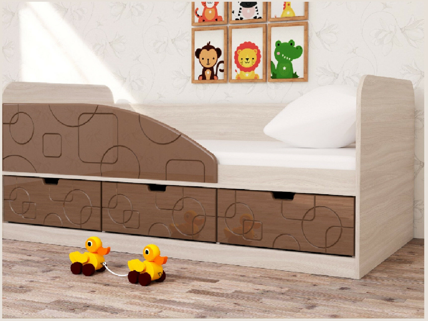 Кровать с выдвижными ящиками, 80х160 фрезеровка Квадрат (Ясень шимо светлый/Шоколад/фрезеровка Квадрат)