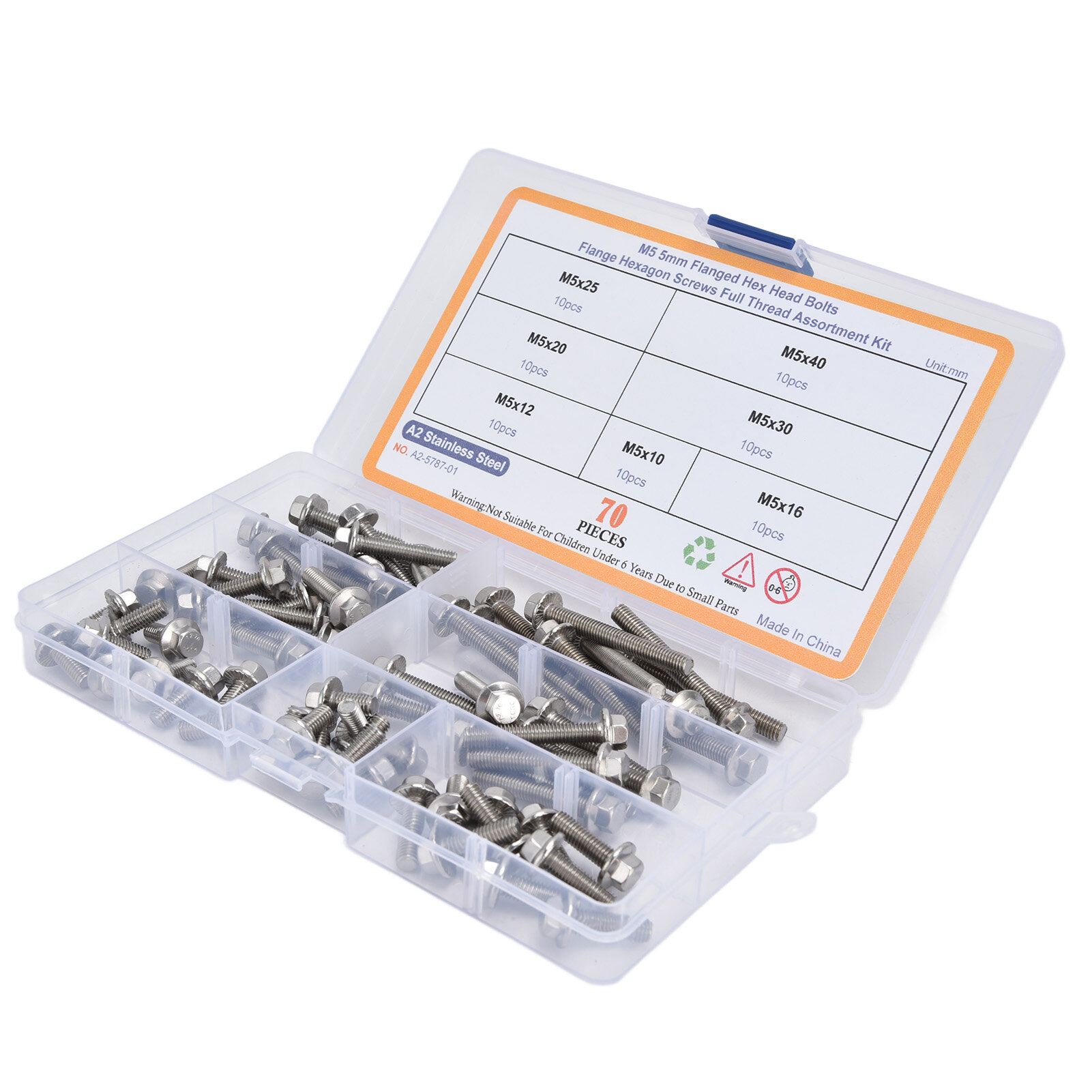 70 шт. набор болтов M5 с шестигранной головкой, фланцевые болты, крепежные винты из нержавеющей стали
