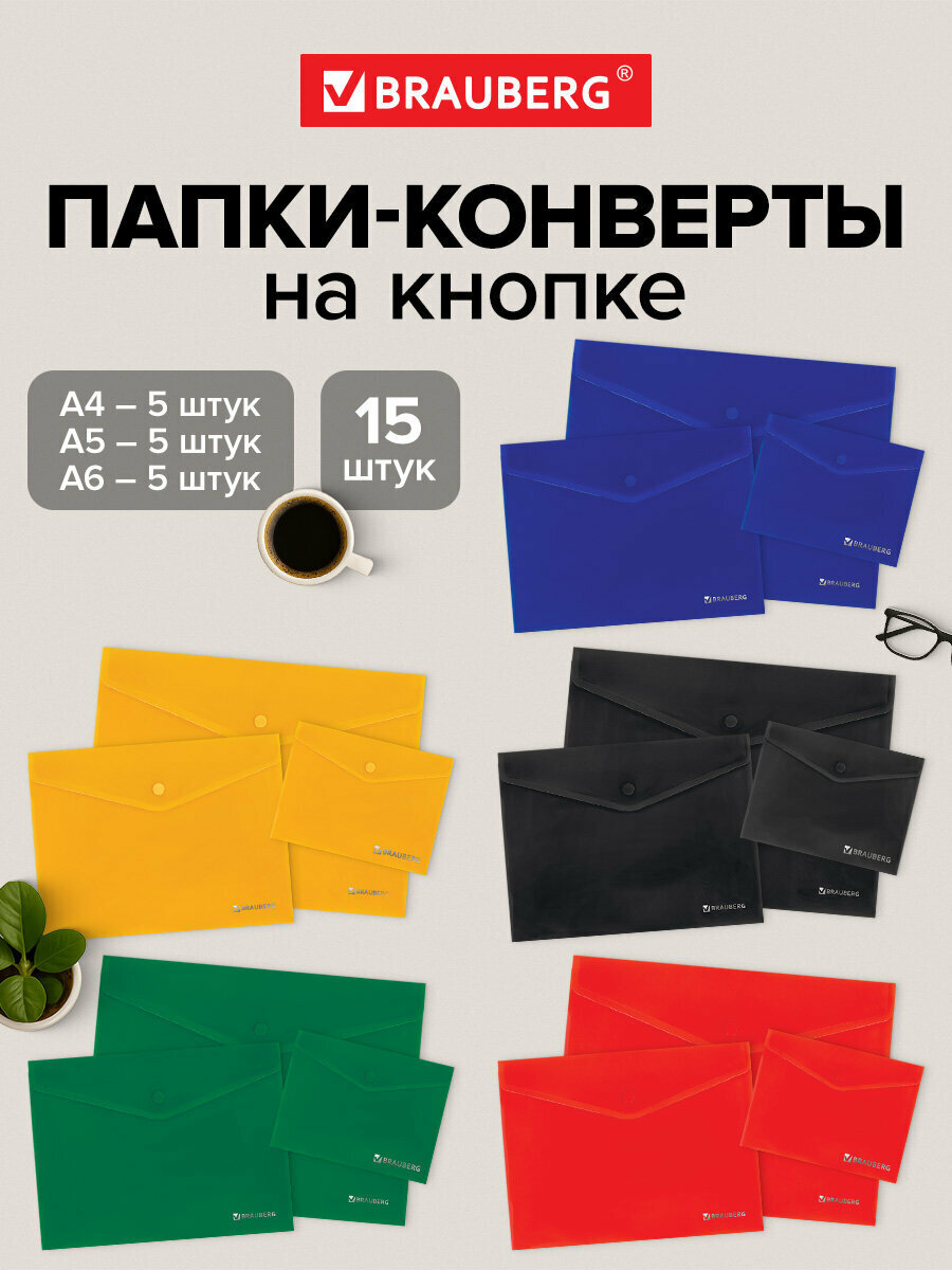 Папка конверт для документов, тетрадей и бумаг А4 А5 А6 с кнопкой, набор 15 штук, канцелярия для школы и офиса, цвета ассорти, Brauberg, 272867