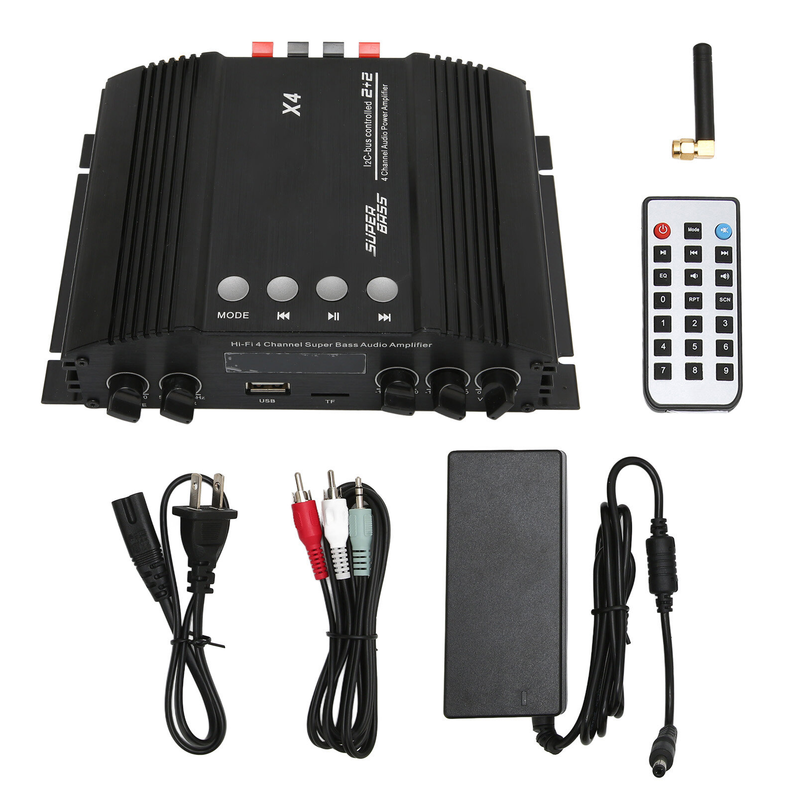 Усилитель Bluetooth, 4-канальный HiFi стерео, сабвуфер, без искажений, многовходовой, с пультом дистанционного управления, вилка 100-240 В (США).