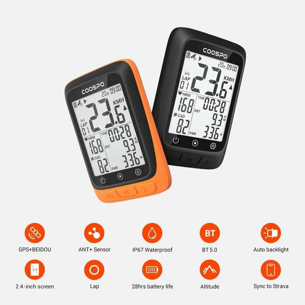 Беспроводной велокомпьютер с GPS, пульсометром ANT+, датчиком частоты вращения педалей, водонепроницаемостью IP67, совместимостью со Strava, Bluetooth 5.0, велосипедным спидометром и одометром
