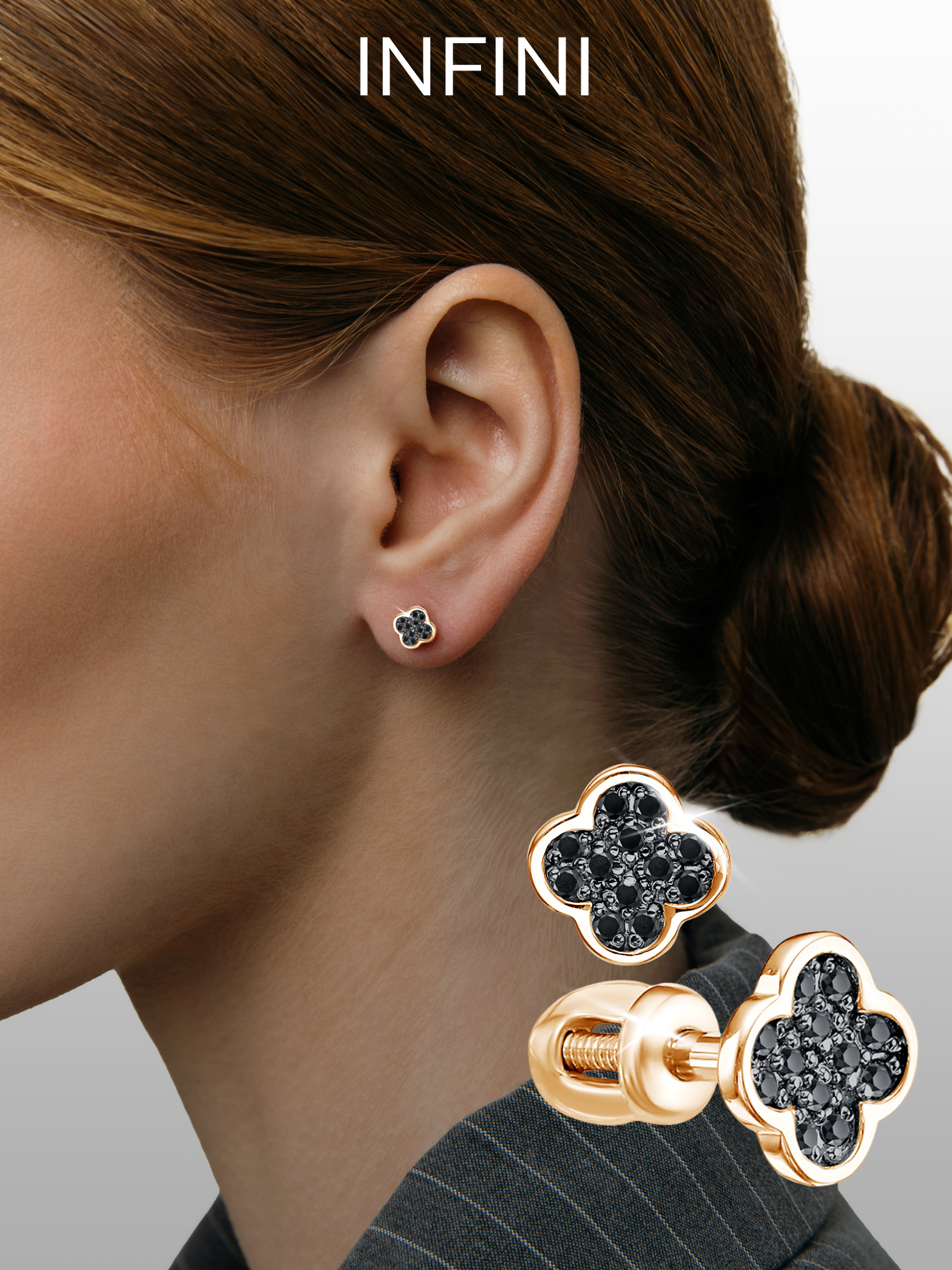 Серьги пусеты, красное золото, 585 проба, родирование, фианит