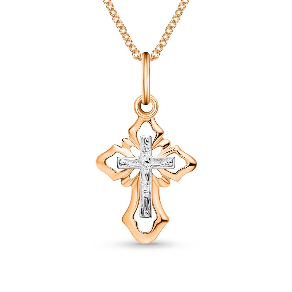 Крестик, красное золото, 585 проба, родирование