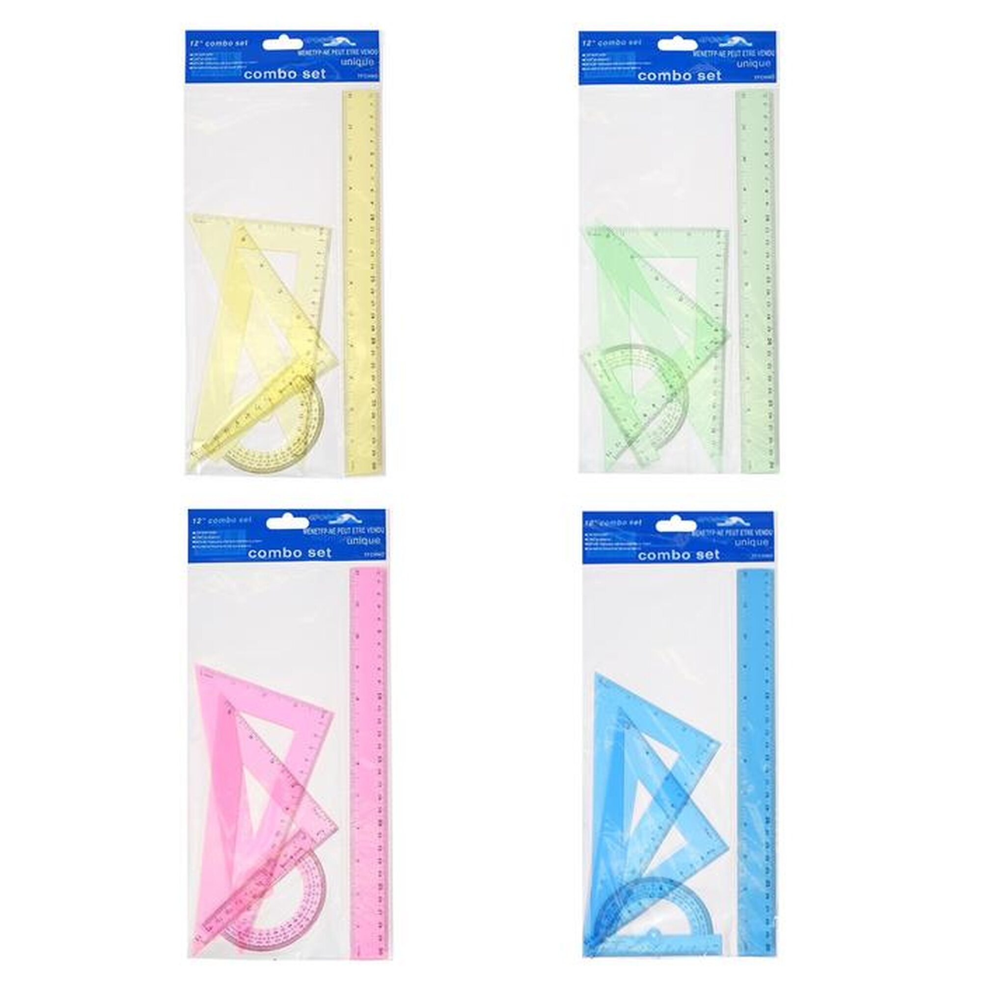 Набор чертёжный 4 предмета (линейка 30 см, угольник 19 см/ 30°, угольник 13 см/ 45°, транспортир) микс