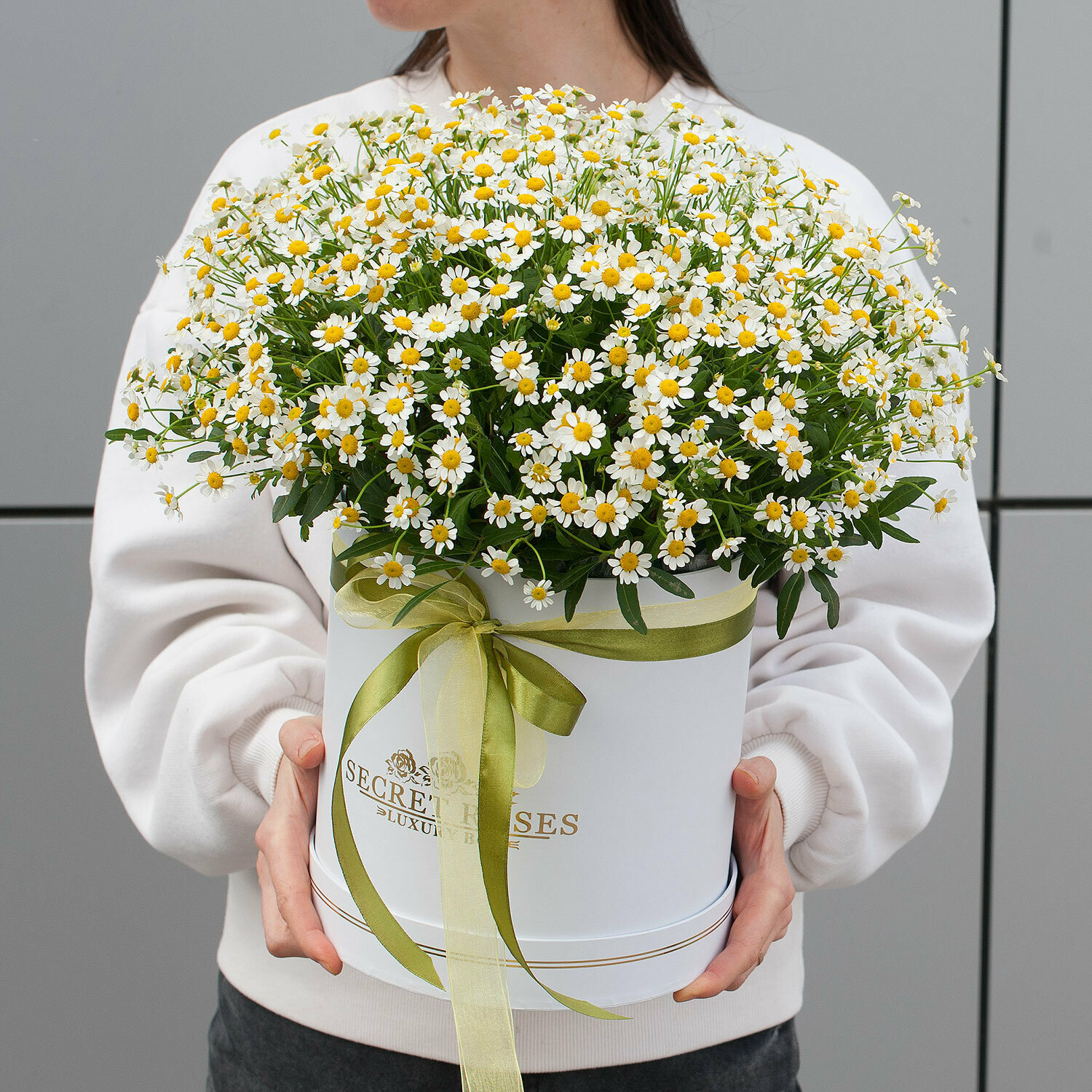 Шляпная коробка с кустовыми ромашками "Ромашка полевая"