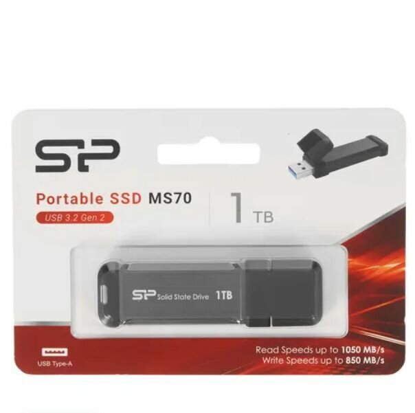 1 ТБ Внешний SSD Silicon Power MS70 (SP001TBUF3S70V1G) серый - USB 3.2 Gen2 Type-A, чтение - 1050 Мбайт/сек, запись - 850 Мбайт/сек