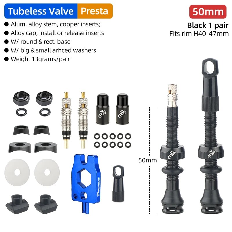 DEEMOUNT Клапаны Presta для бескамерных шин 50/80 мм Black 50MM 2pcs FA4