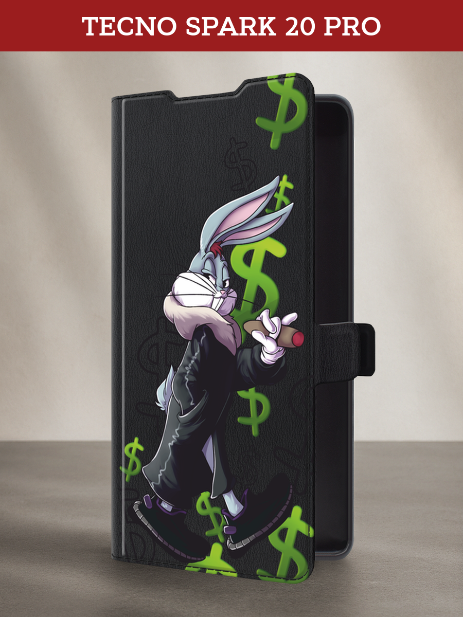 Чехол-книжка на Tecno Spark 20 Pro / Текно Спарк 20 Про с принтом Rich Bugs Bunny, черный
