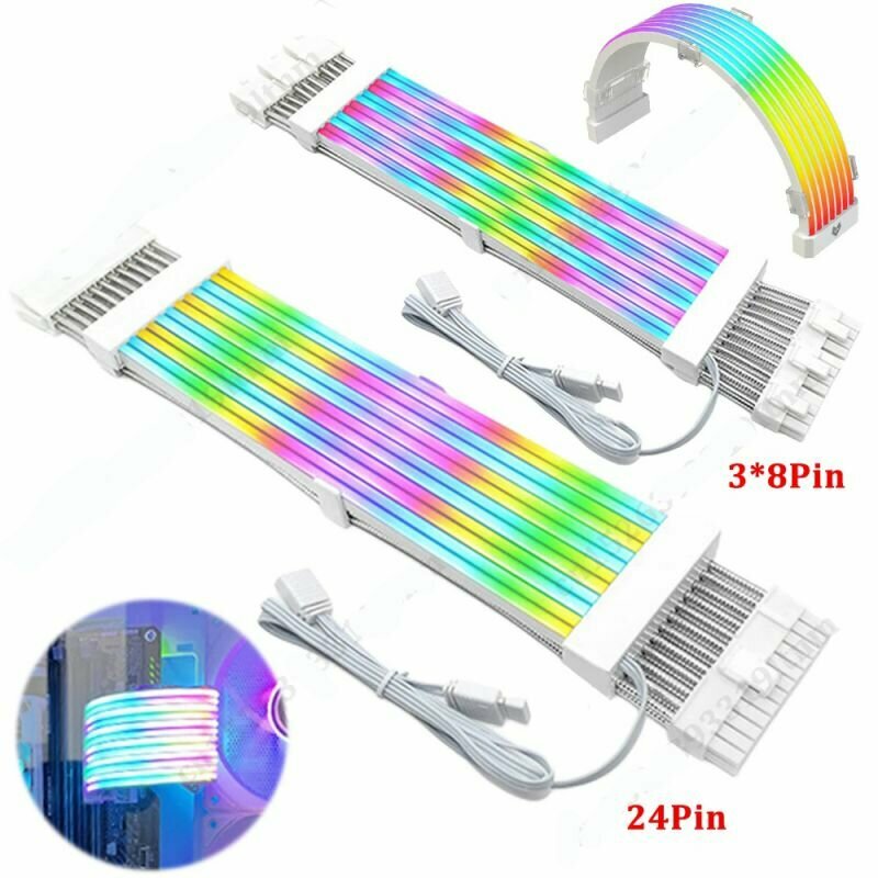 Комплект удлинительных кабелей для блока питания с ARGB-синхронизацией 12VHPWR ATX 24-контактный, 8-контактный PCI-E GPU, светящийся неоновый провод, кабели для модулей материнской платы ПК