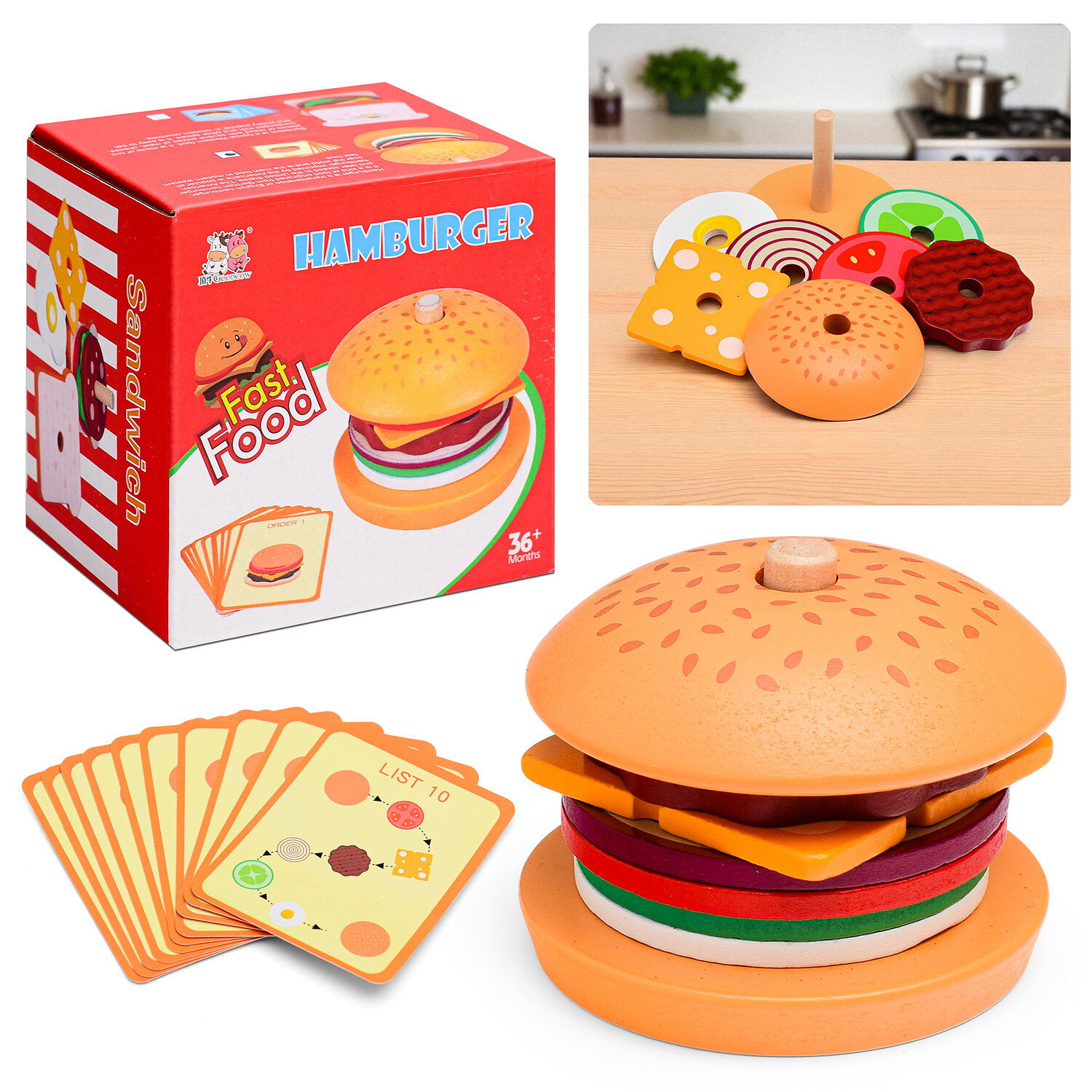 Игра развивающая D2056 "Гамбургер", 8 деталей, 10 карточек, дерево