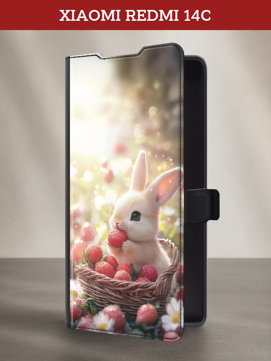 Чехол-книжка на Redmi 14C/Poco C75 4G/Redmi A4 5G с принтом Крольчонок с клубничками, черный