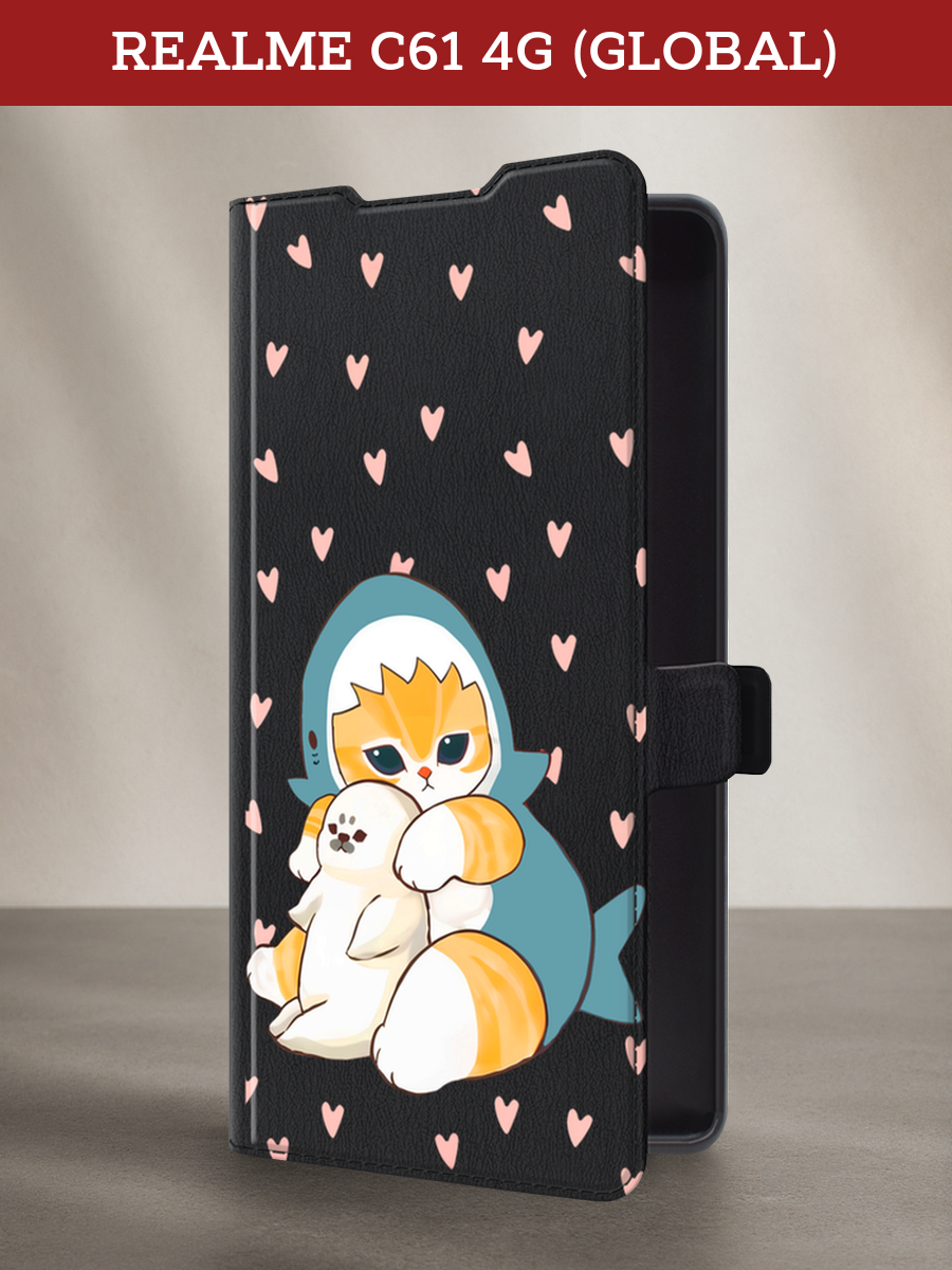 Чехол-книжка на Realme C61 4G (Global) / Реалми С61 4G с принтом Два котика, черный