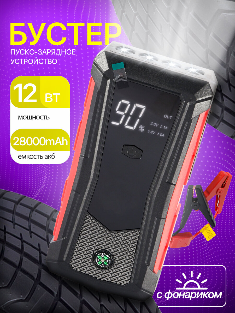 Пусковое зарядное устройство для автомобиля портативное / бустер автомобильный пусковой 28000 мA*ч / Повербанк