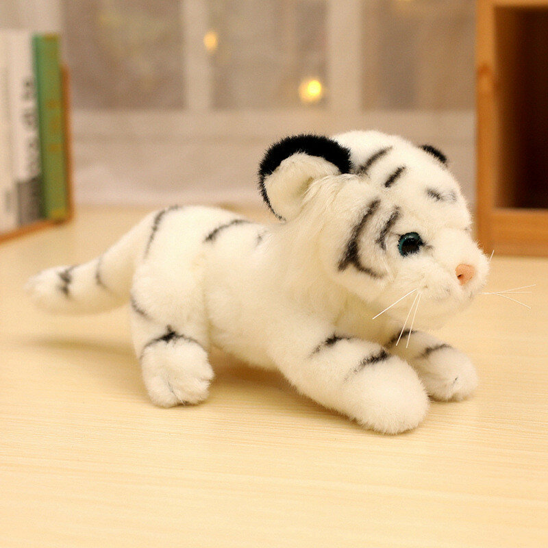 Realistic plush brown tiger stuffed animal toy ideal for kids bedroom decor and gifts lying white 30cm