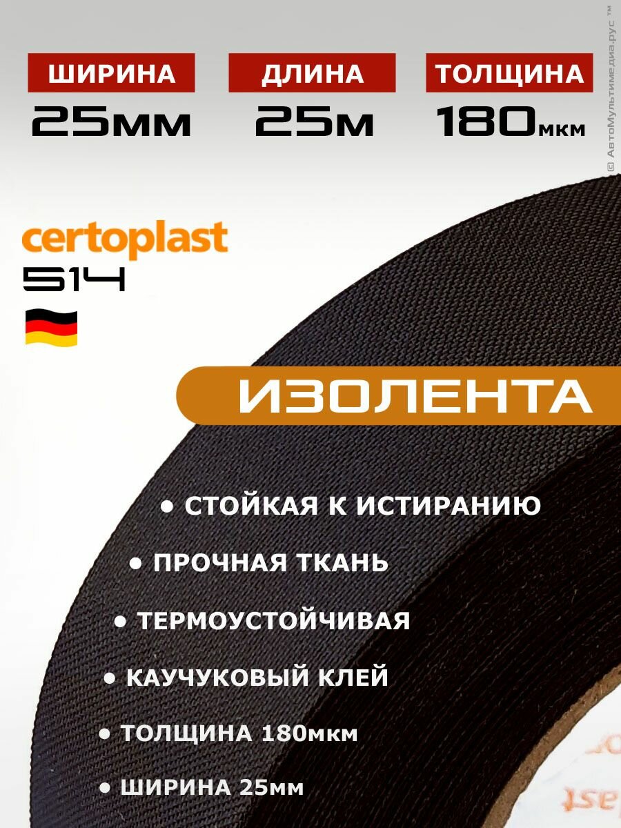 Широкая изолента Certoplast 514 * 1шт * 25метров, ширина 25мм, прочная лавсановая ткань
