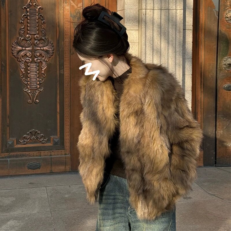 Коричневая шуба из меха Laoqian, женская зимняя шуба из искусственного меха лисы высшего качества, новый популярный стиль 2025 года